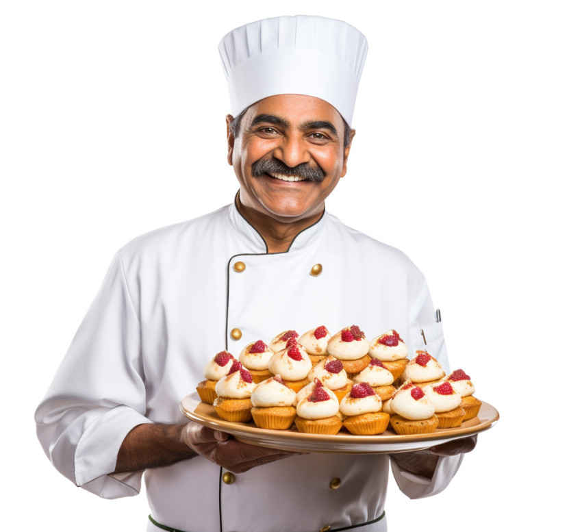 Happy Indian pastry chef isolated on white background | Imaginebuddy