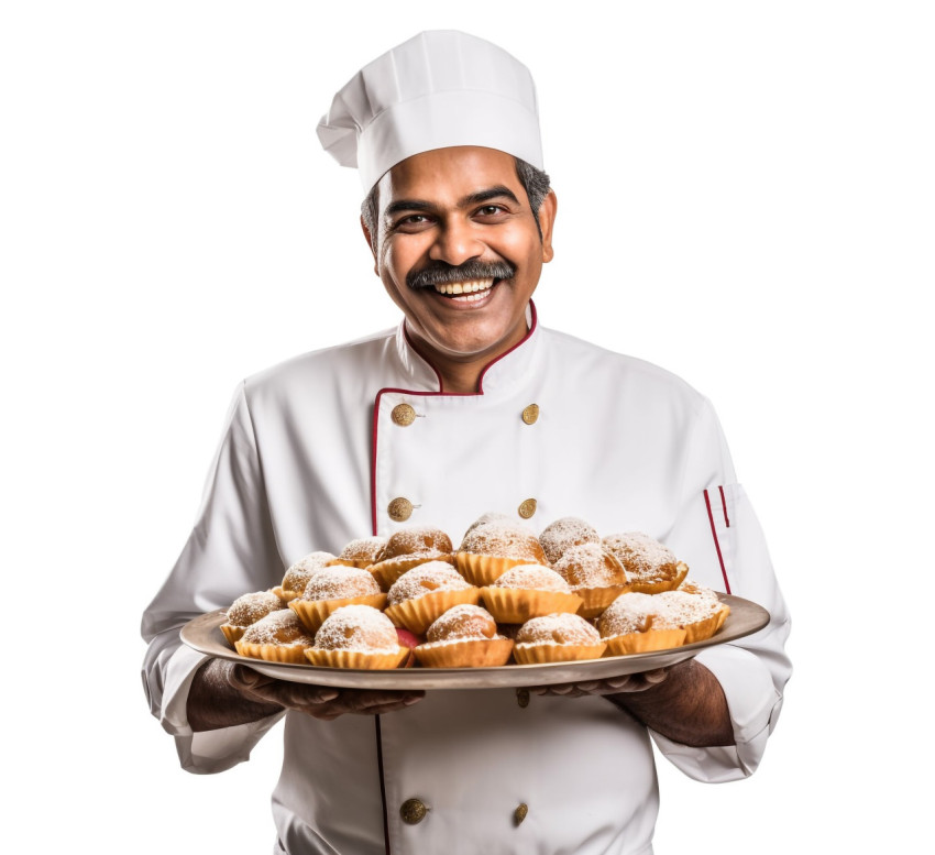 Happy Indian baker poses against a white background | Imaginebuddy