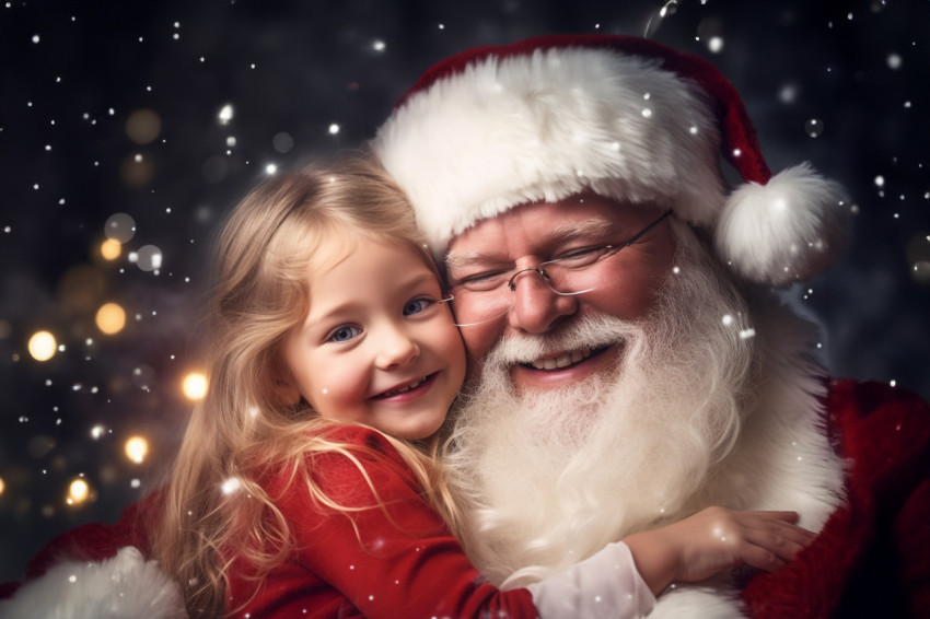 A photo of a happy little girl hugging santa claus, with christmas ...