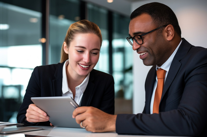 Picture of two confident business people sharing a digital tablet while ...
