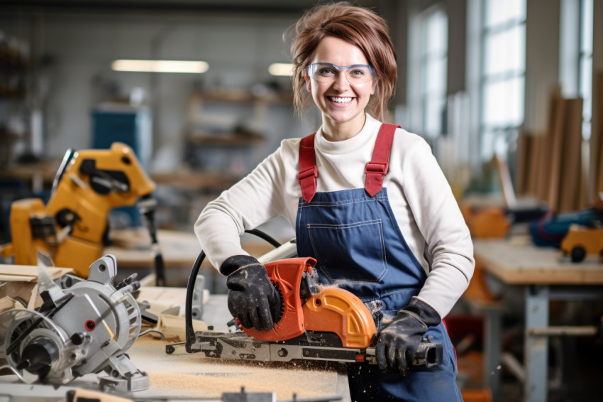Female tool and die maker smiling at work on blurred background ...