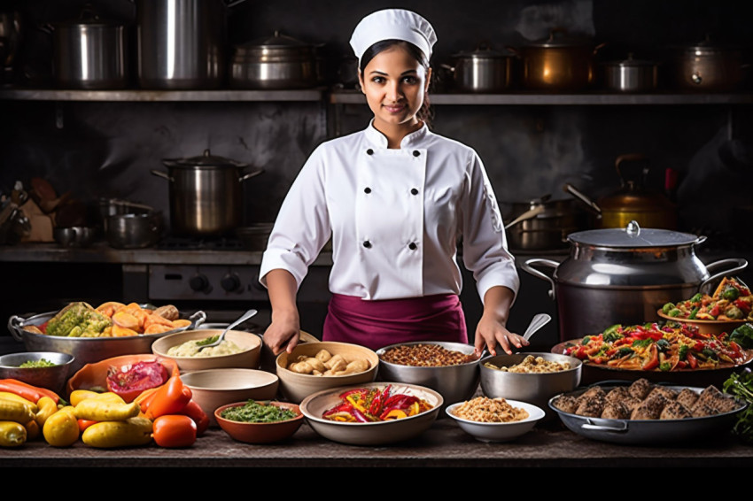 Skilled Indian female chef preparing food in a kitchen on blured ...