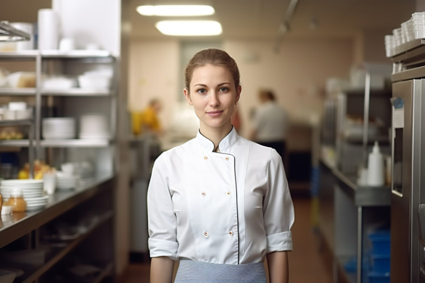 Skilled female chef supervises kitchen operations against ablurred ...