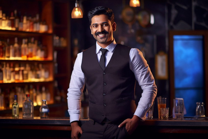 Skilled Indian bar manager working confidently a blurred background ...