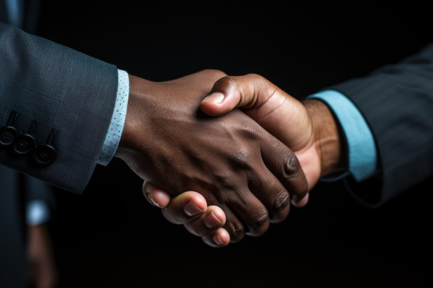 Partners in business celebrating success with a handshake, business ...