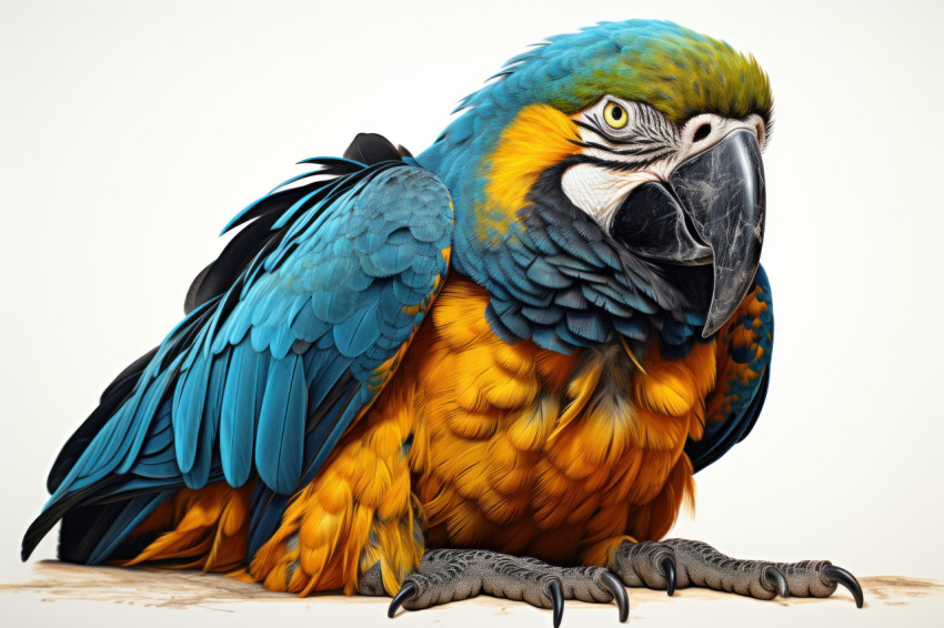 Colorful macaw bird sitting with feet on white background, animal ...
