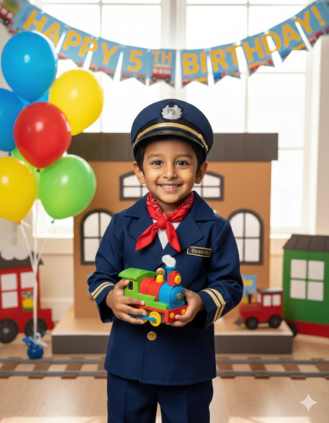 Boy dressed as train conductor at birthday party | Imaginebuddy