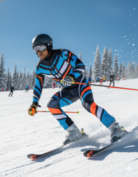 Skier in aerodynamic suit racing downhill on bright snowy ski slope ...