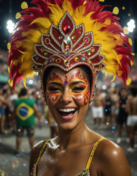 High Octane Brazilian Carnival Woman in Crimson Feather Headdress ...