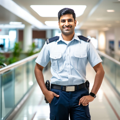 Friendly smiling handsome indian man hospital security personnel at ...